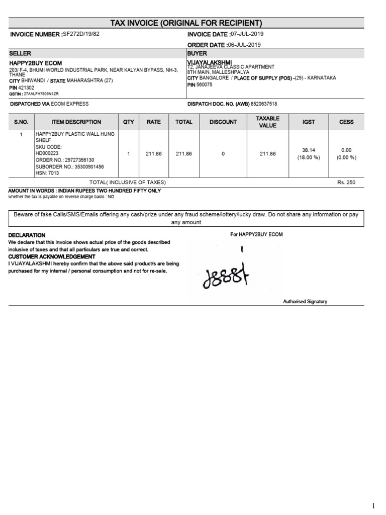 Tax Invoice (Original For Recipient) : 27AALFH7509N1ZR Gstin | PDF ...