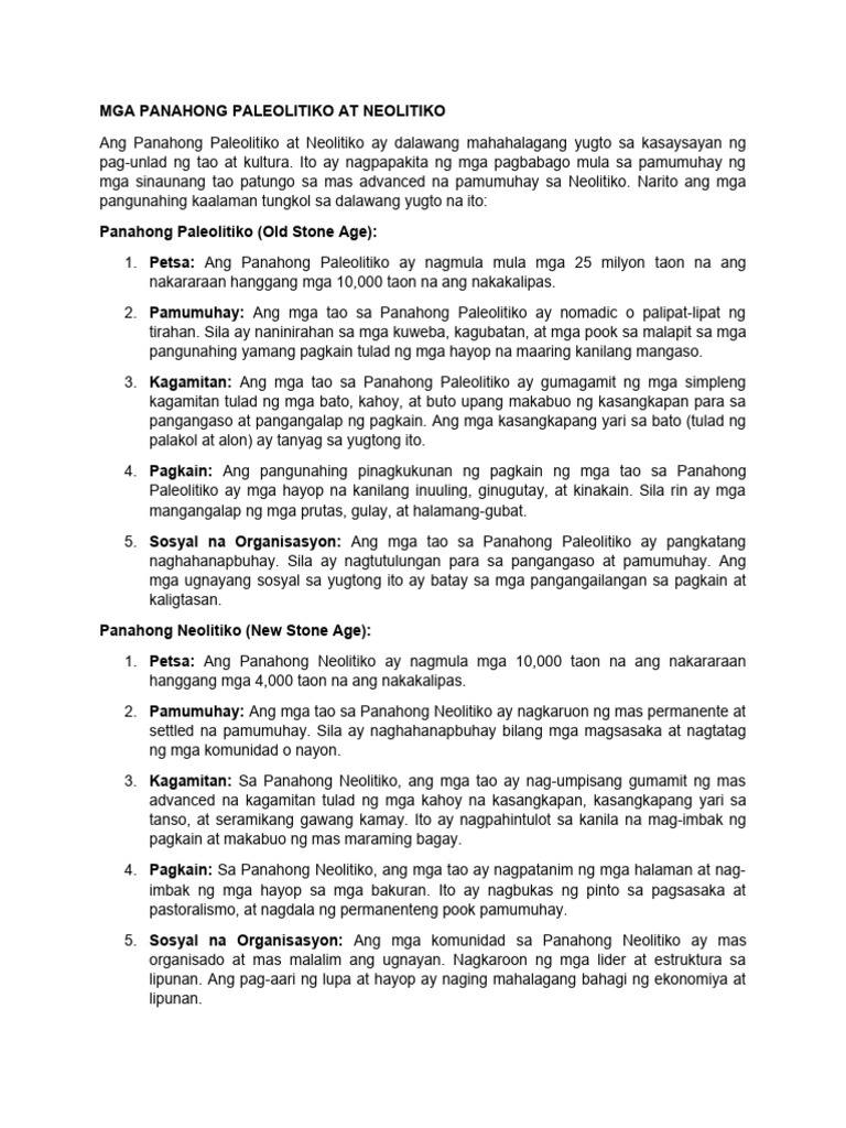 Mga Panahong Paleolitiko at Neolitiko | PDF