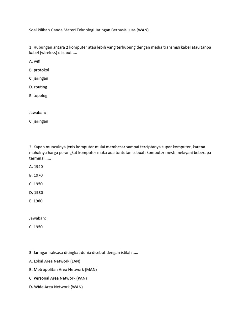Soal Pilihan Ganda Materi Teknologi Jaringan Berbasis Luas Kls XI | PDF ...