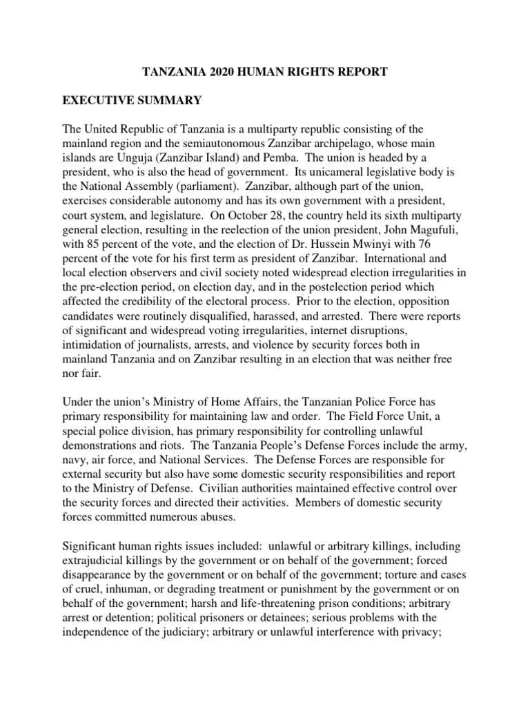 Tanzania 2020 Human Rights Report | PDF | Detention (Imprisonment) | Arrest