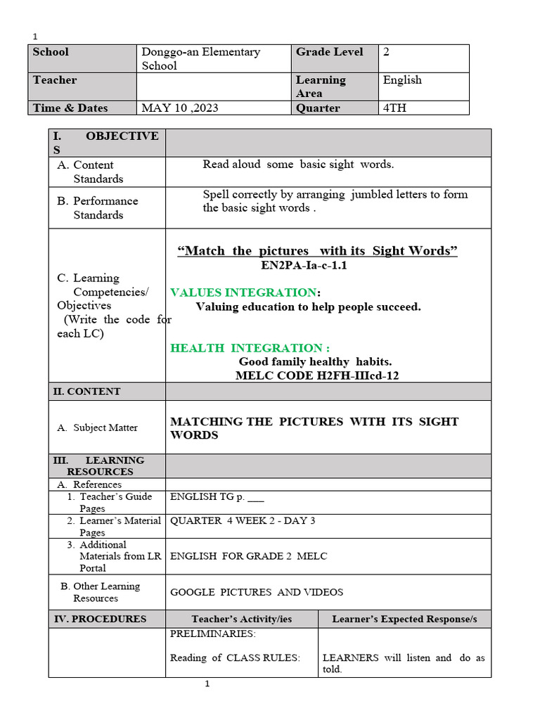 Grade 2 English Sight Words Lesson | PDF | Learning | Teachers