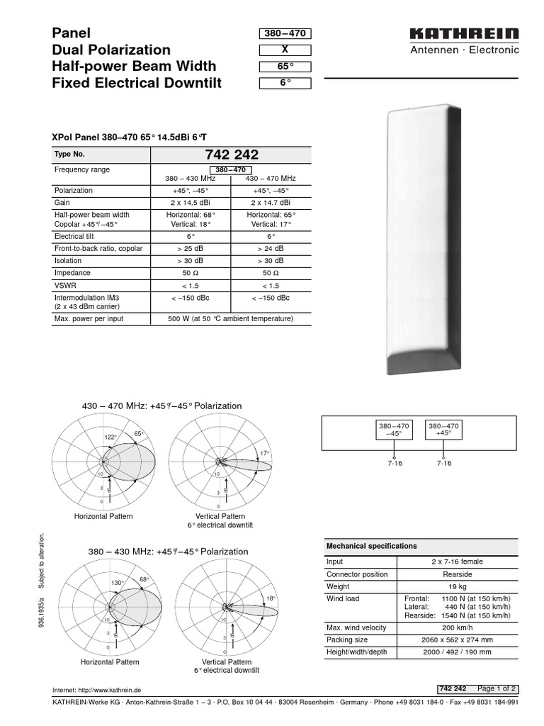 Panel Dual Polarization Half-Power Beam Width Fixed Electrical Downtilt ...