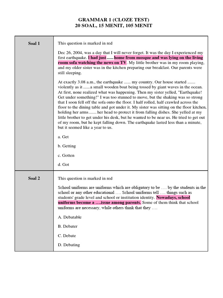 Grammar Cloze Test Practice Questions | PDF | George Washington ...