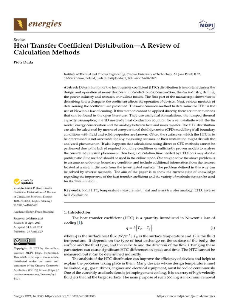 Heat Transfer Coefficient Distribution A Review of Calculation Methods ...