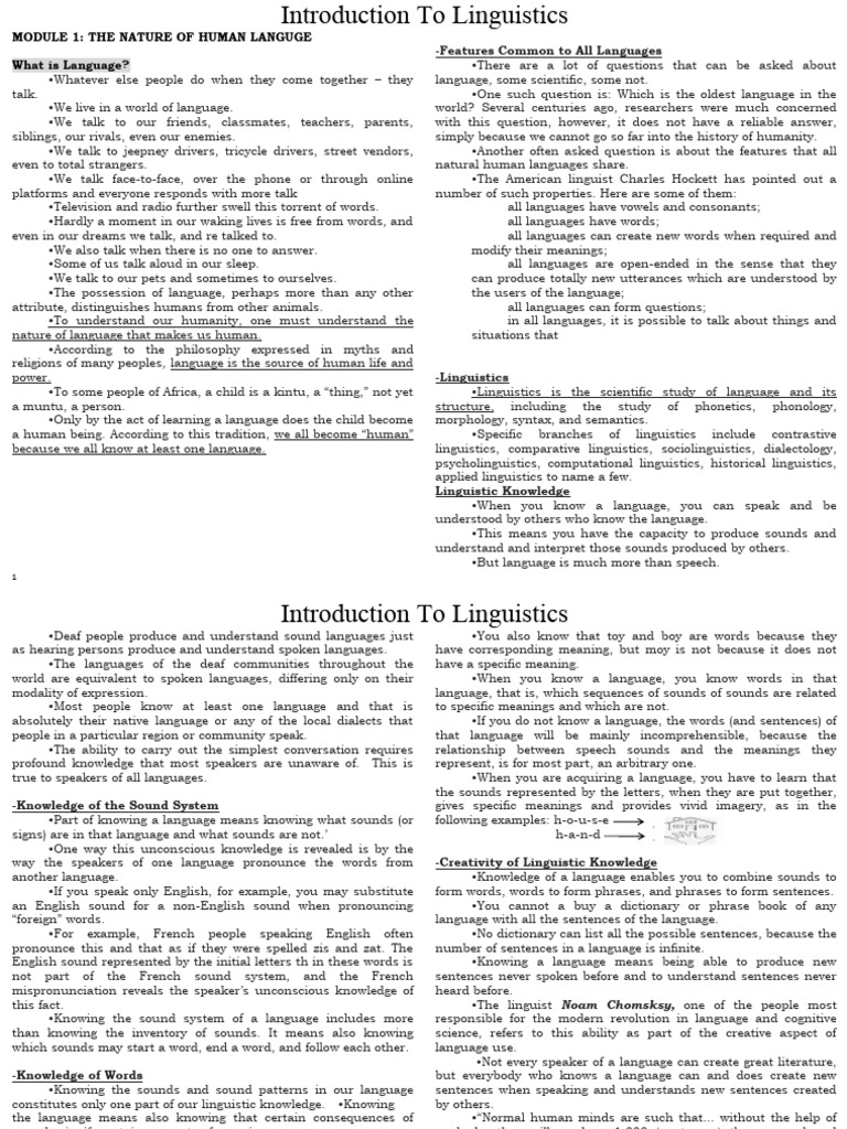 Introduction To Linguistics MODULE 1 | PDF | Linguistics | Grammar Introduction To Linguistics MODULE 1 | PDF | Linguistics | Grammar