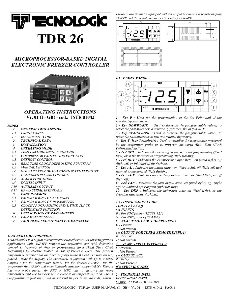 Tecnologic TDR 26 Microprocessor-Based Digital Electronic Freezer Controller | PDF ...