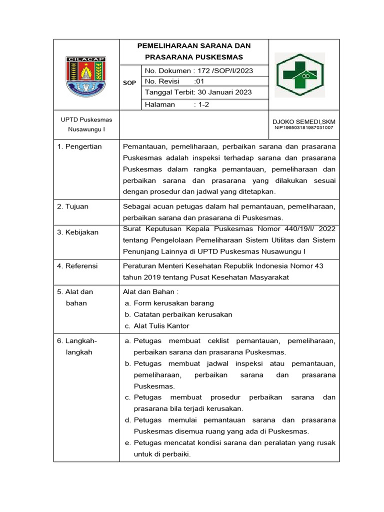 2023 Sop Pemeliharaan Sarana Dan Prasarana PKM | PDF