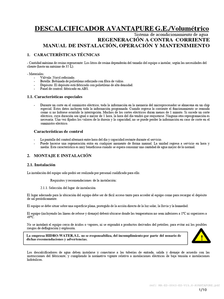 Instalación y Mantenimiento Descalcificador Avantapure | PDF