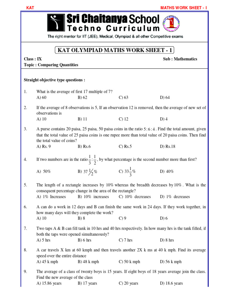 KAT Class IX Comparing Quantities Worksheet | PDF | Quantity | Ratio