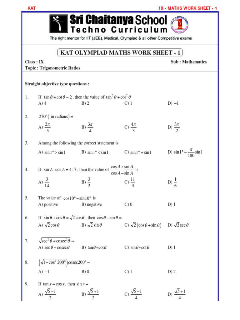 7.IX - Class Maths KAT Work Sheet - 1 - Trigonometric Ratios | PDF