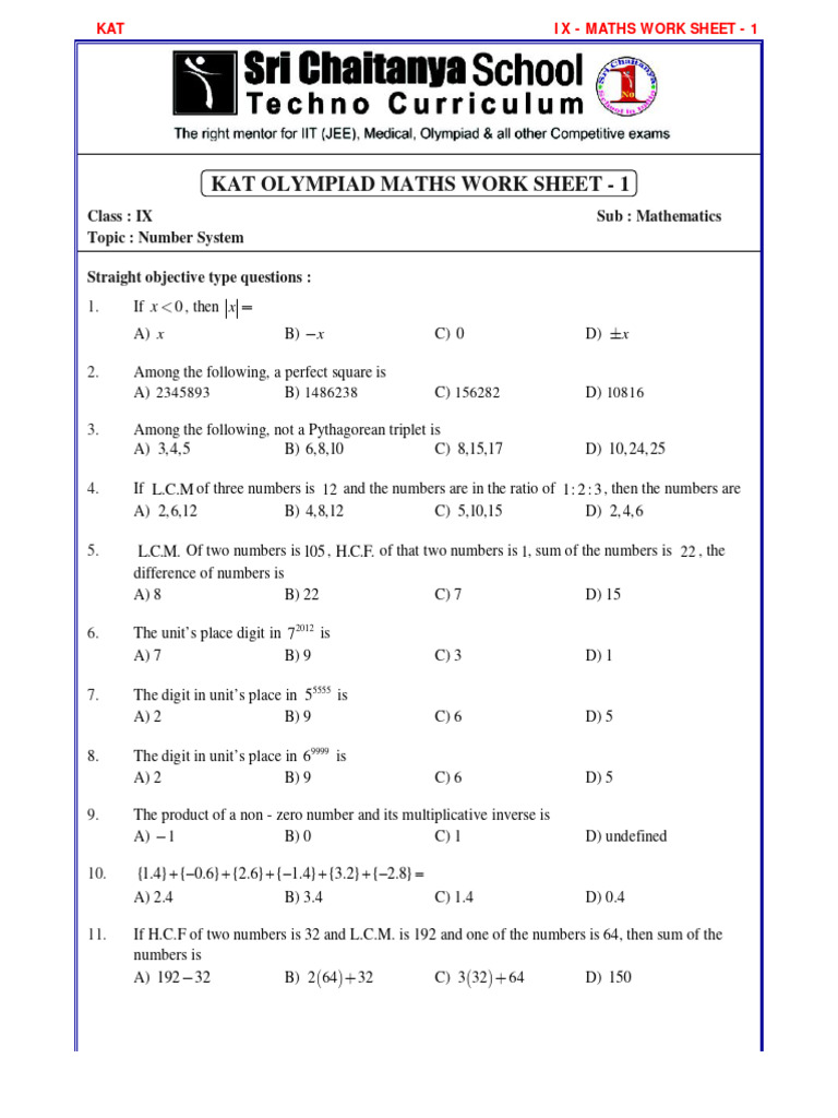 5.IX - Class Maths KAT Work Sheet - 1 - Number System | PDF | Mathematical Objects ...