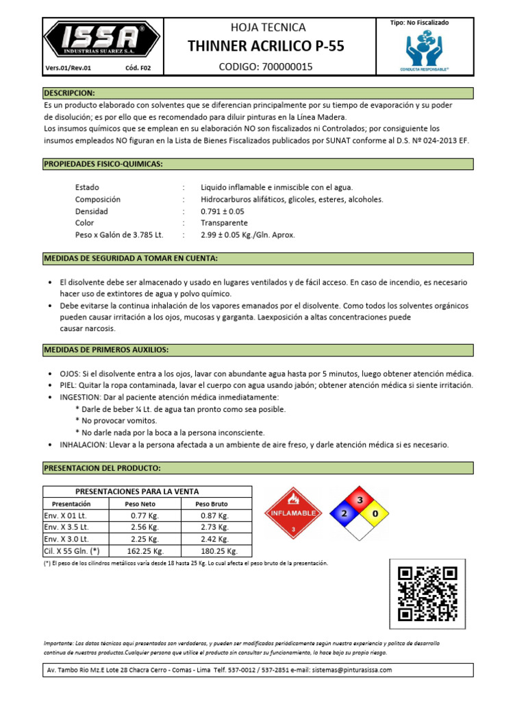 Hoja Tecnica Thinner Acrilico P-55 | PDF