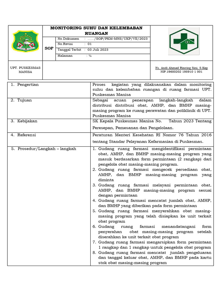 Sop Monitoring Suhu Dan Kelembapan Ruangan | PDF
