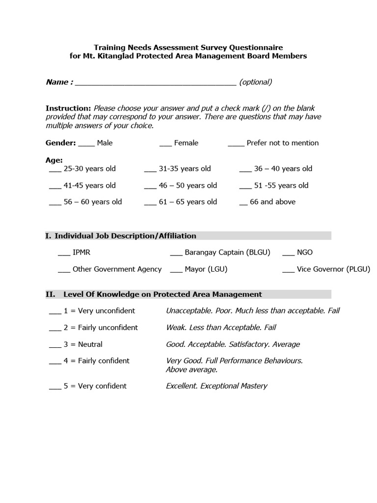 Training Needs Assessment Survey Questionnaire | PDF | Cognition | Behavior Modification