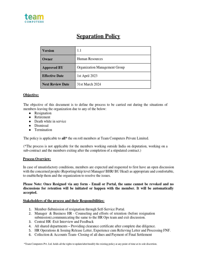 Separation Policy TCPL 23-24 | PDF