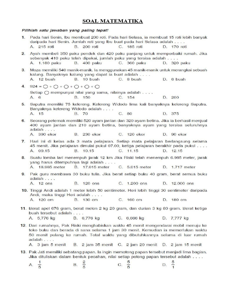 SOAL OLIMPIADE MATEMATIKA KELAS 3 SD | PDF