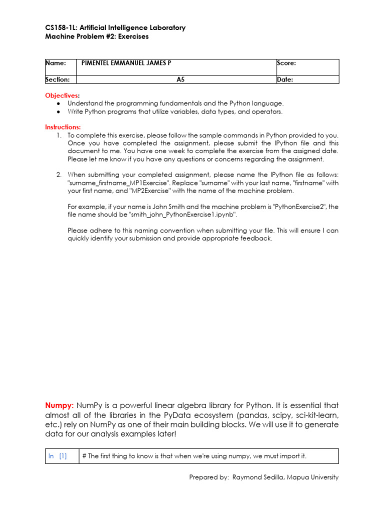 PIMENTEL EMMANUEL - Numpy Arrays | PDF | Computer Programming | Computing PIMENTEL EMMANUEL - Numpy Arrays | PDF | Computer Programming | Computing