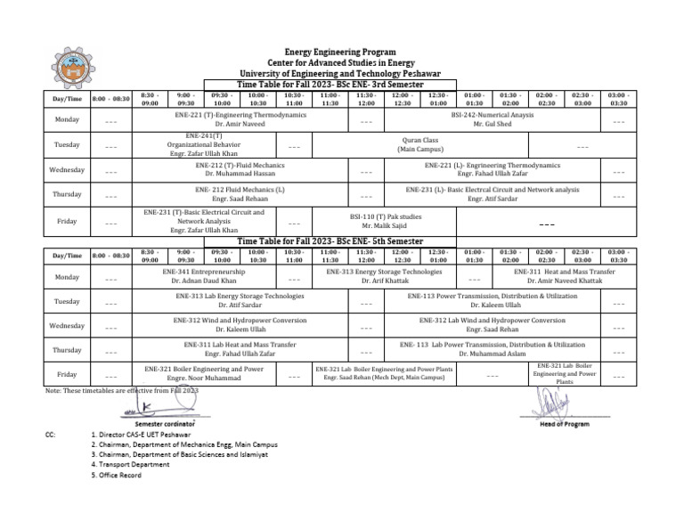 ENE Time Table-3rd and 5th Semester - Fall 2023 | PDF | Electricity ...