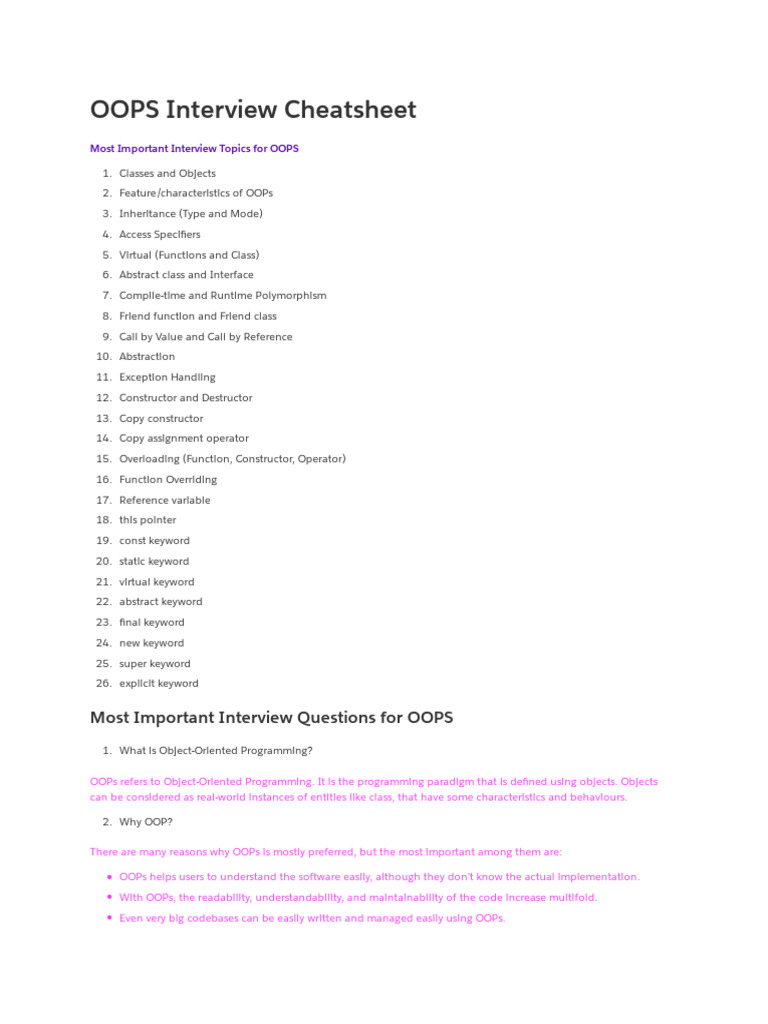 Oops Interview Cheatsheet Pdf Programming Constructor Object Oriented Programming