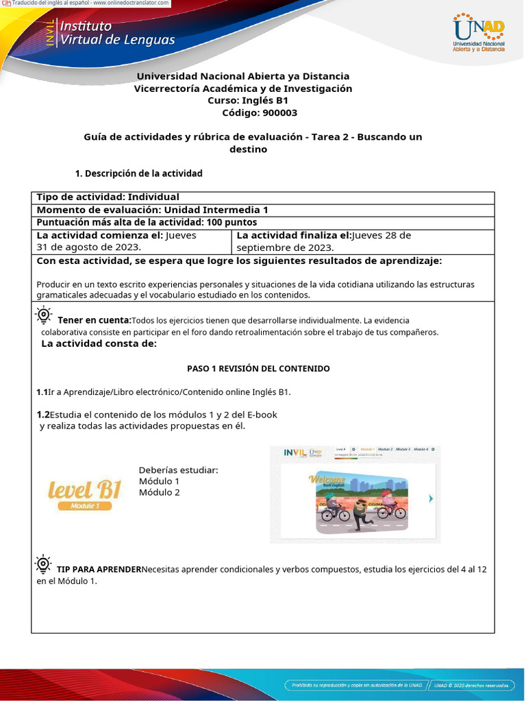 Activities Guide and Evaluation Rubric - Unit 1 - Task 2 - Looking For A Destination - En.es | PDF