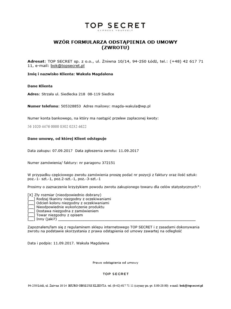 Formularz Zwrotu Topsecret PL | PDF