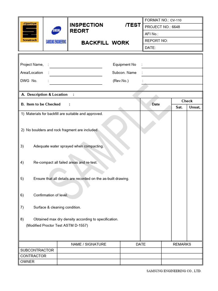 SECL-CV110-A4 Backfill Inspection Report | PDF