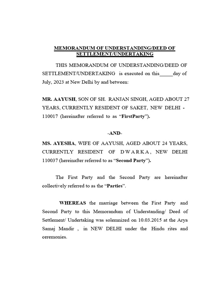 Settlement Deed | Download Free PDF | Divorce | Marriage