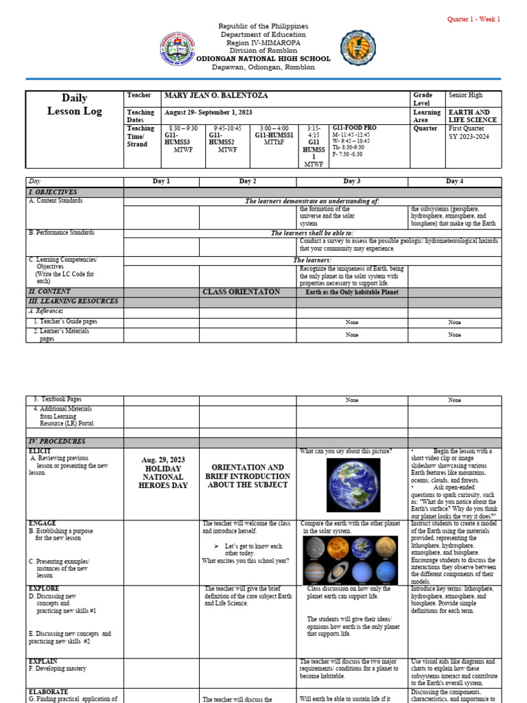DLL Quarter 1 Week 1 Earth Science | PDF