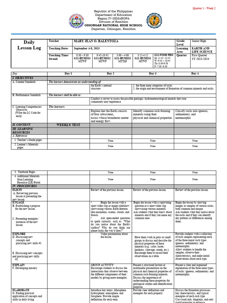 Daily Lesson Log: Earth and Life Science | PDF