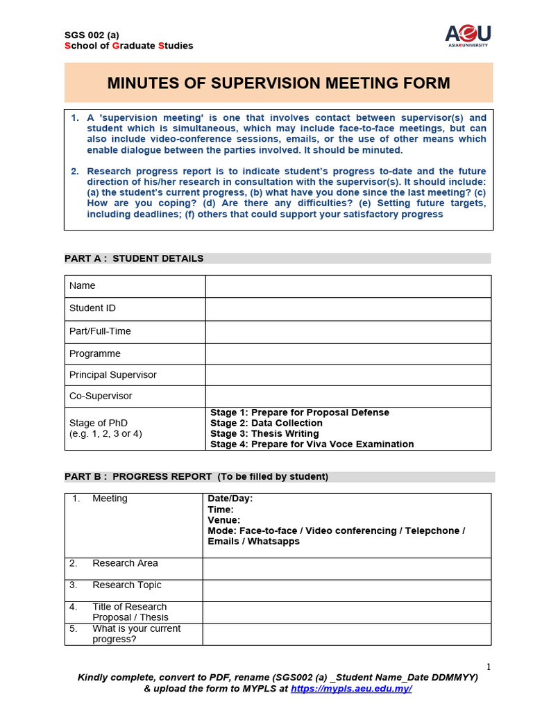 SGS 002 (A) Minutes of Supervision Meeting Form | PDF | Thesis