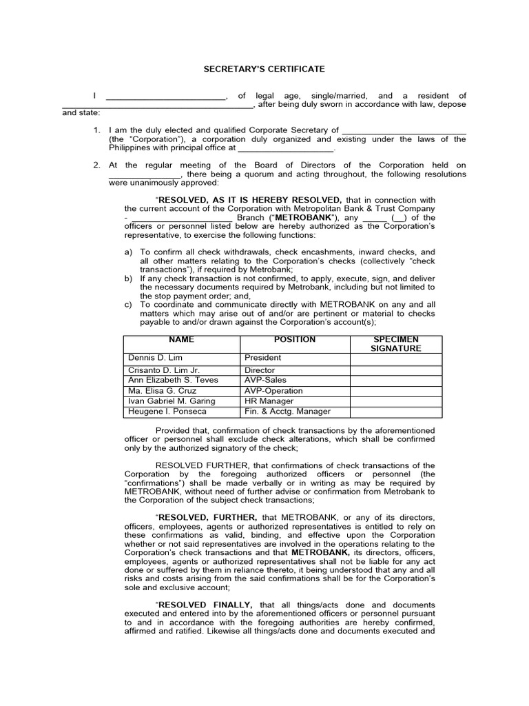 Corporate Secretary's Certificate | PDF