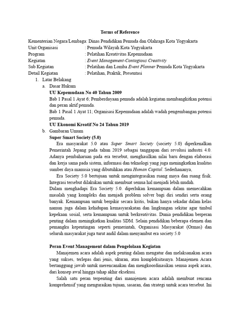 Terms of Reference - Pelatihan Kreativitas EO 2023 NEWEST | PDF