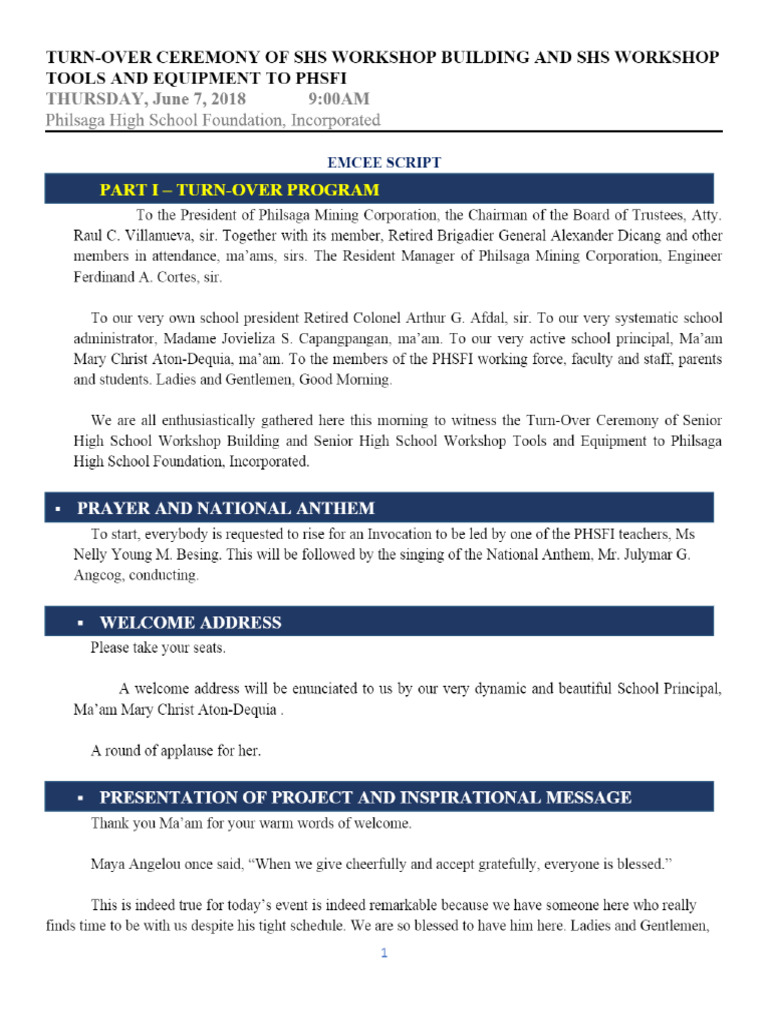 Emcee Script Turn-Over Ceremony - TOAZ - INFO | PDF