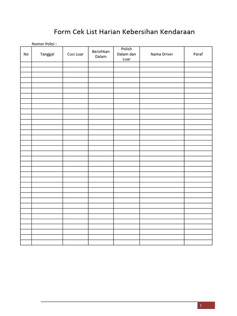 Form Cek List Kebersihan Kendaraan | PDF