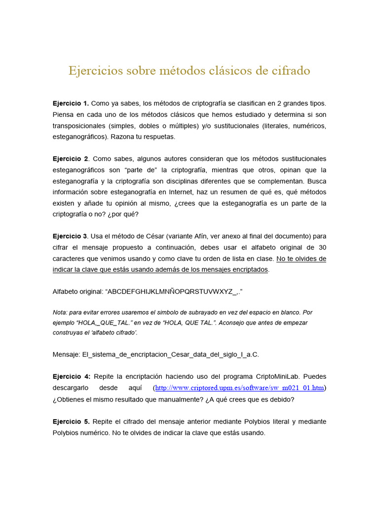 Practica Criptosistemas Clásicos 2015 | PDF | Clave (criptografía) | Cifrado
