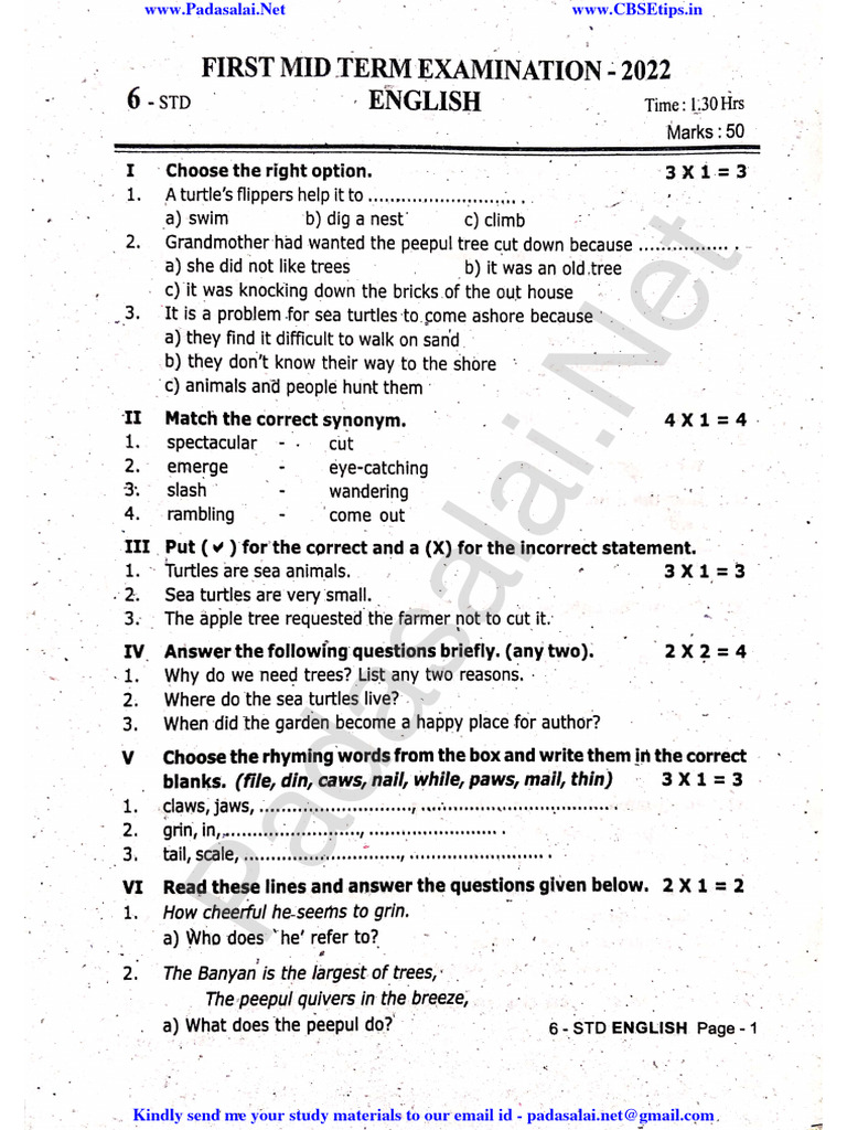 6th English 1st Mid Term Exam Original Question Paper 2022 2023 ...