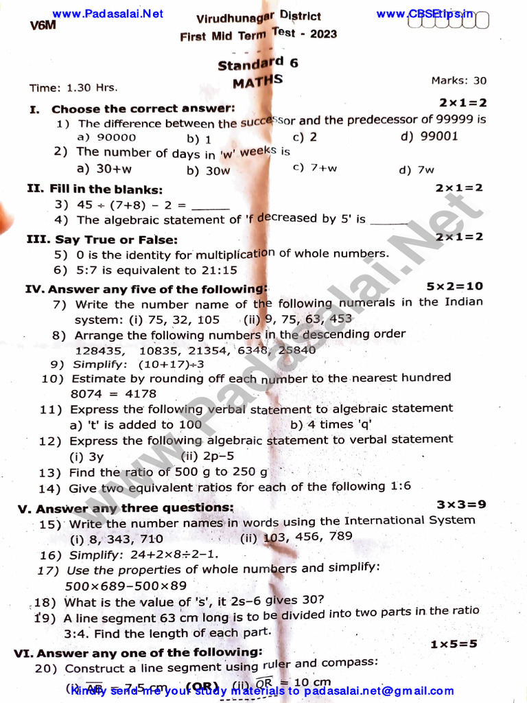6th Maths EM 1st Mid Term Exam 2023 Original Question Paper ...