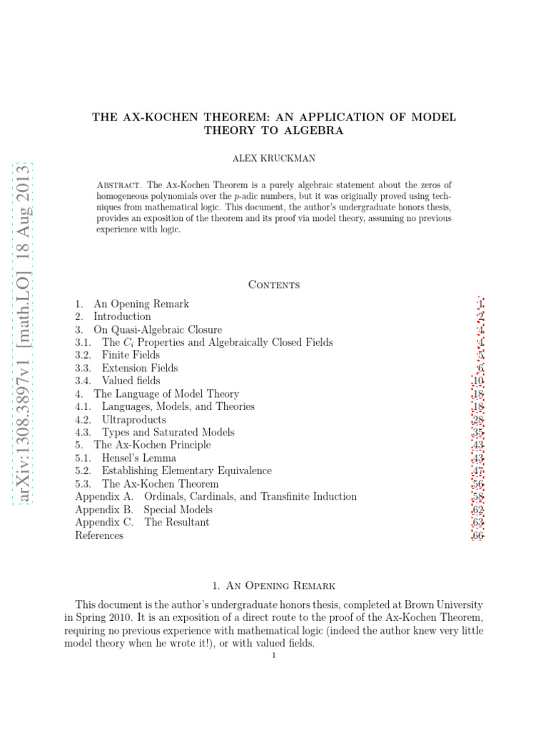 Ax-Kochen Theorem (Alex Kruckman) | PDF | Field (Mathematics) | Model ...