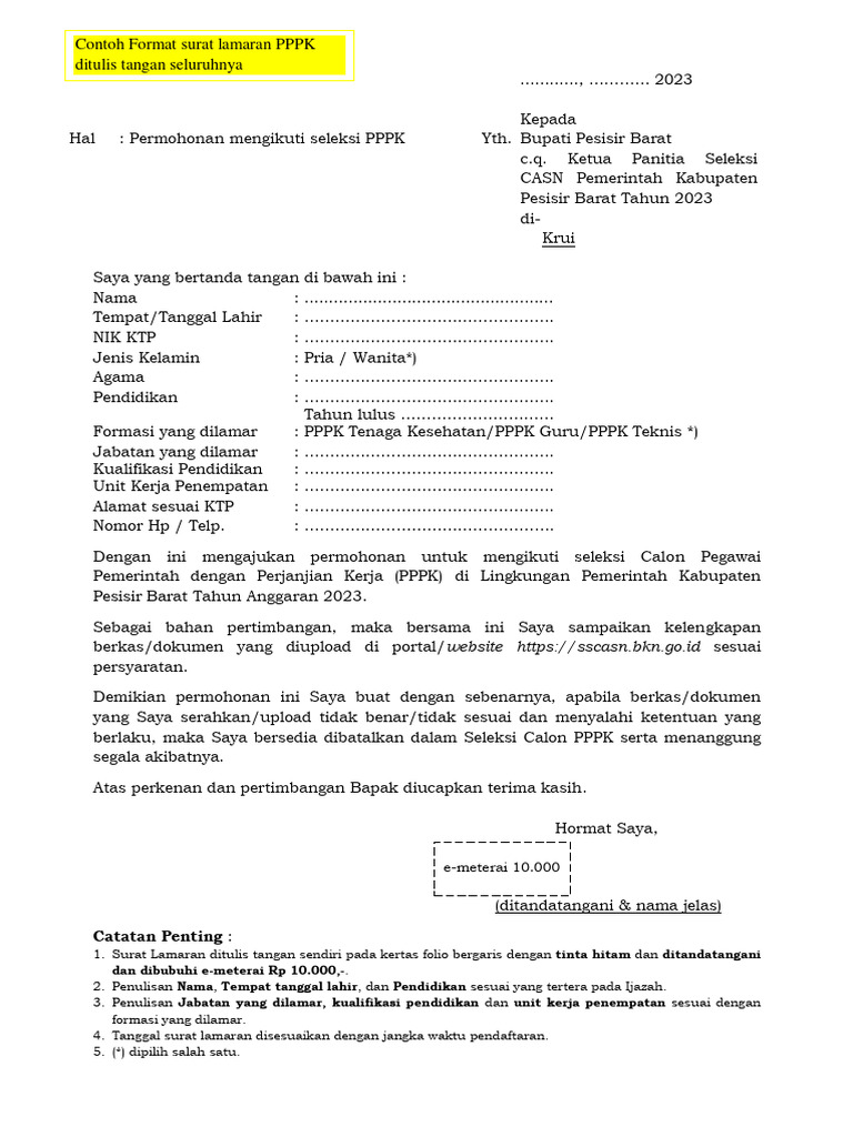 Format Surat Lamaran PPPK 2023 | PDF