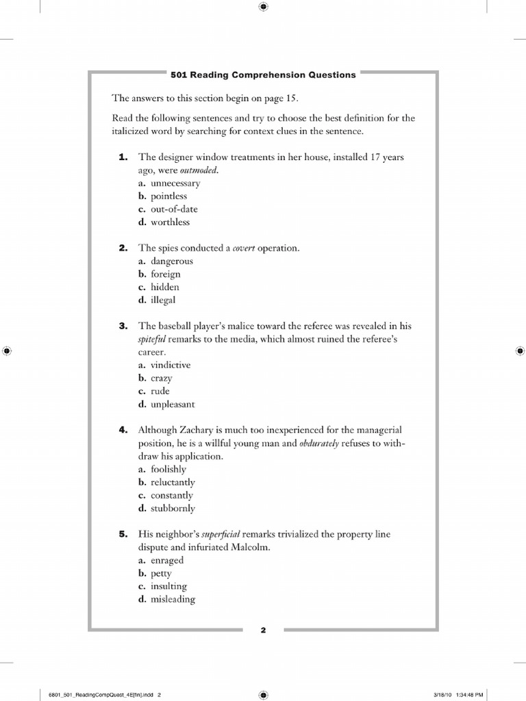 501 Readingcomprehensionquestions 4 Thedition | PDF