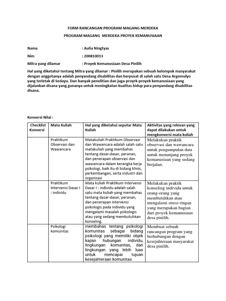 FORM RANCANGAN PROGRAM MAGANG MERDEKA - Aulia Ningtyas | PDF