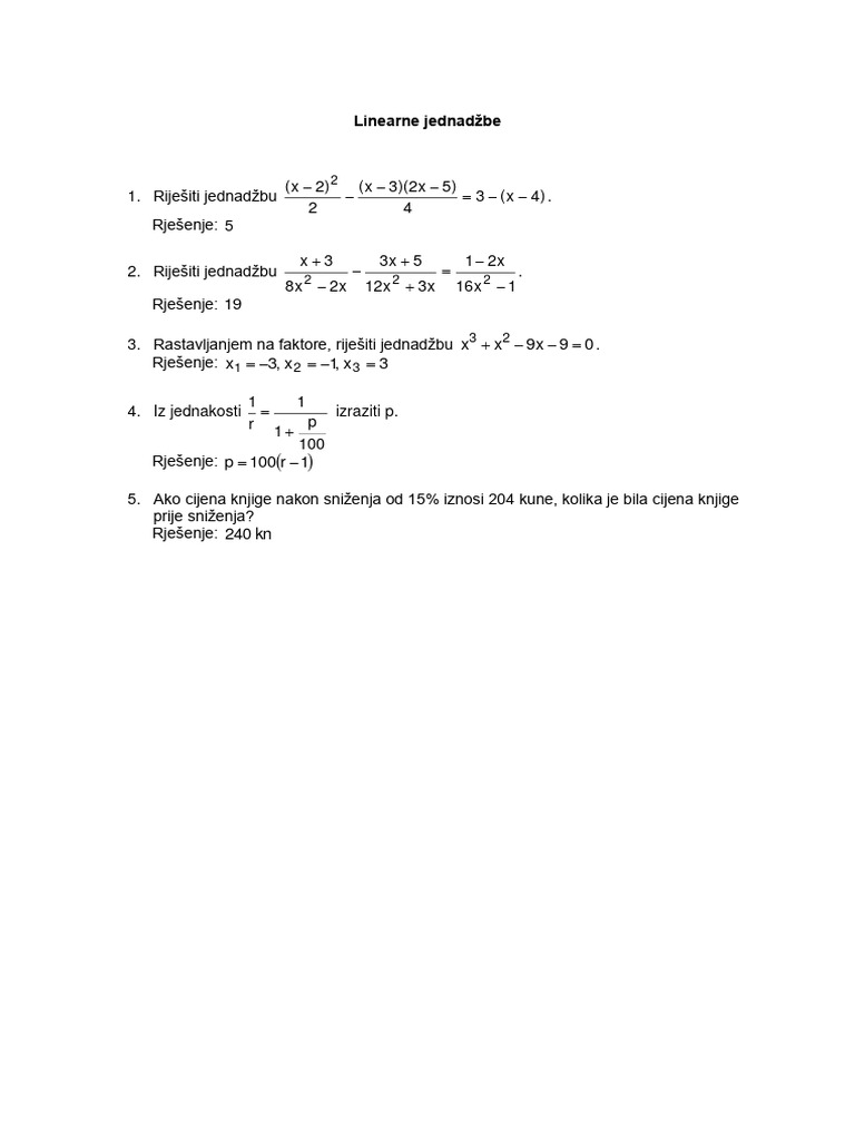 Linearne Jednadzbe Problemi Prvog Stupnja Zadaci Plus 1 | PDF
