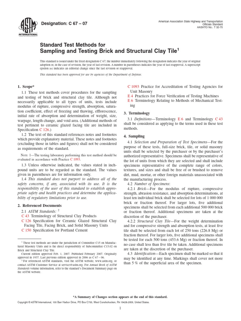 ASTM C67-07 (2007) - Sampling and Testing Brick | PDF