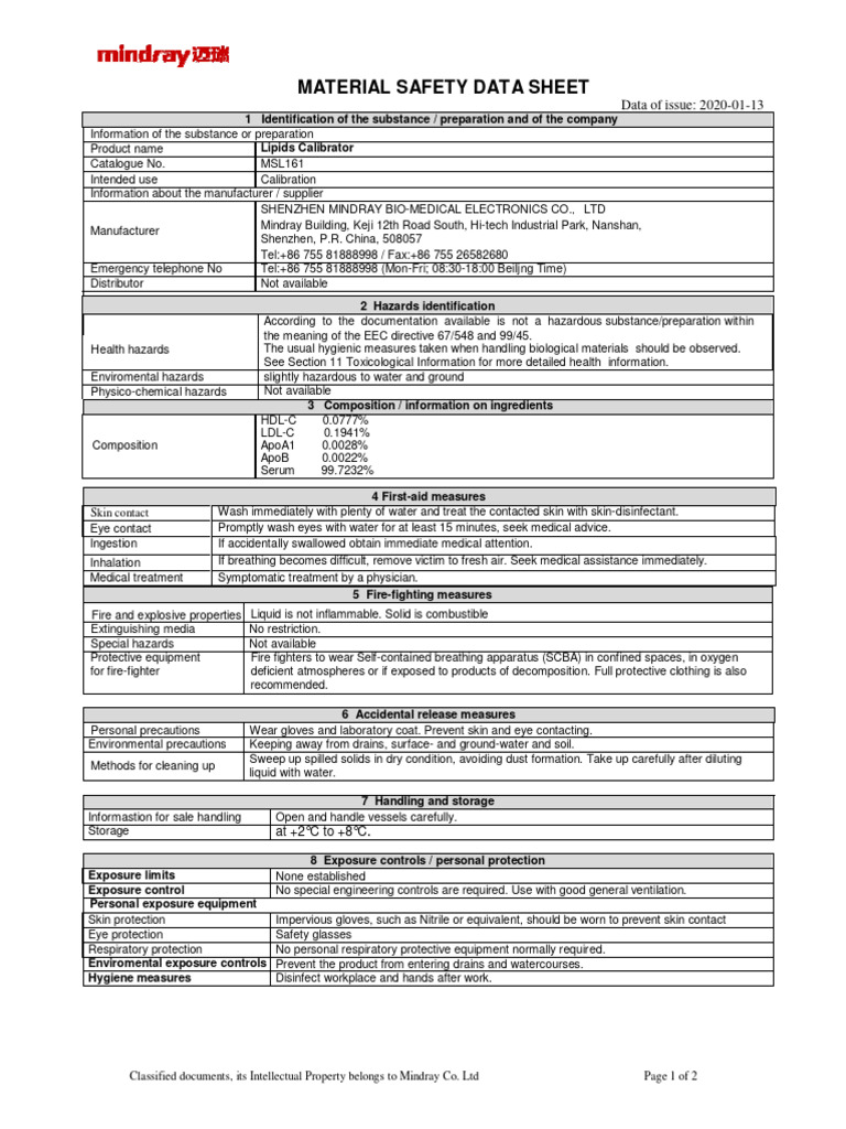 MSDS Lipid Calibrator | PDF