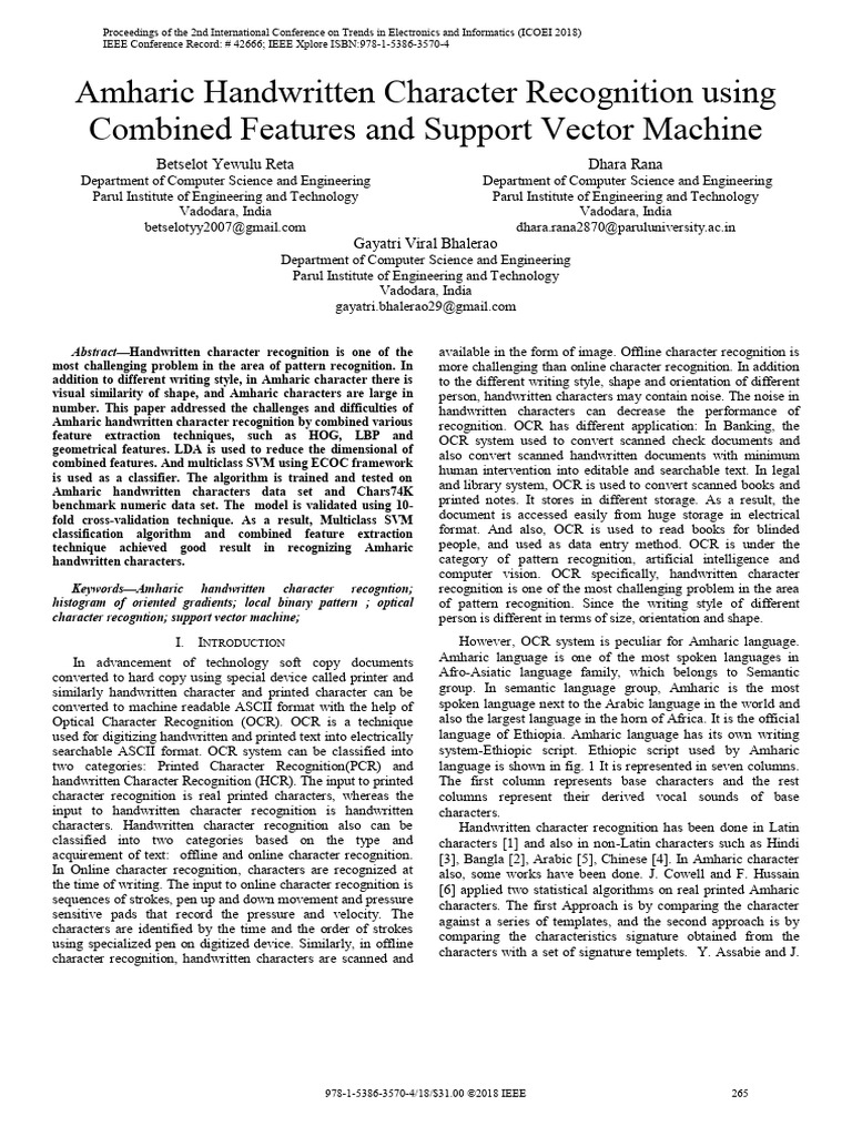 Amharic Handwritten Character Recognition Using Combined Features and Support Vector Machine | PDF