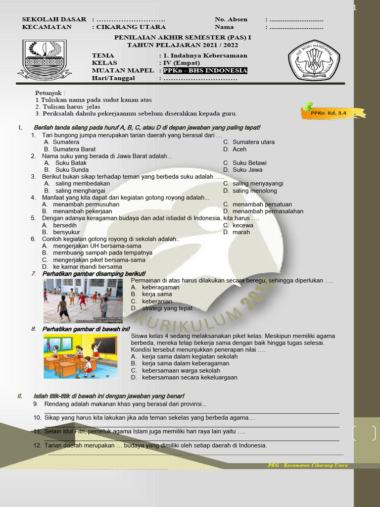 Soal Pas 1 Kelas 4 Tema 1 PPKN - B.indo | PDF