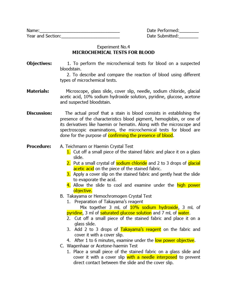 Expt No. 4 Microchemical Test For Blood | PDF | Blood | Chemical Compounds