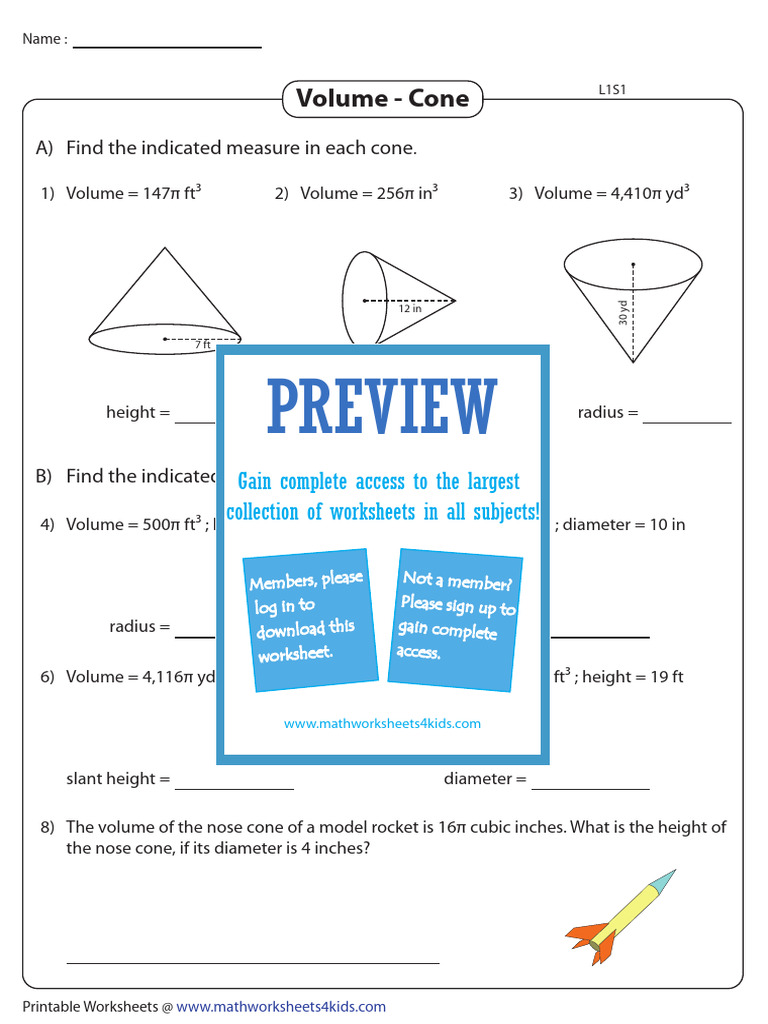Cone Volume Worksheets | PDF | Volume | Geometry