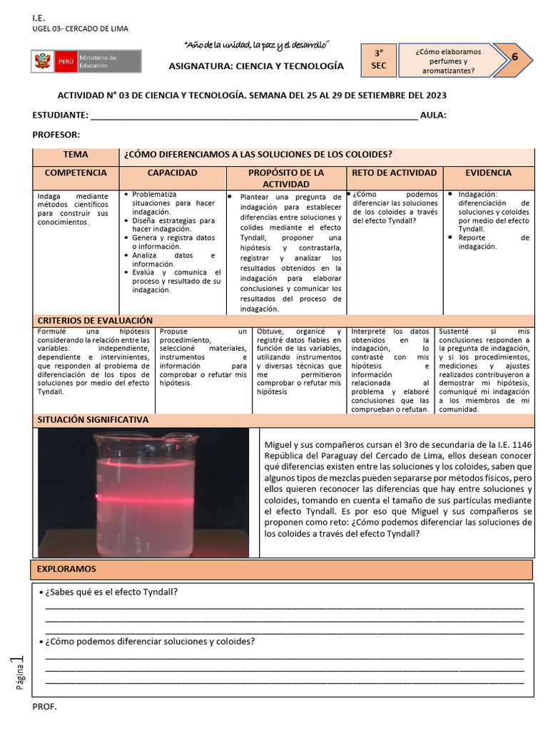 (PDF) 3° SEC. EDA 6 SEMANA 3 CYT Indaga 2023 Cómo Diferenciamos A Las Soluciones de Los Coloides ...