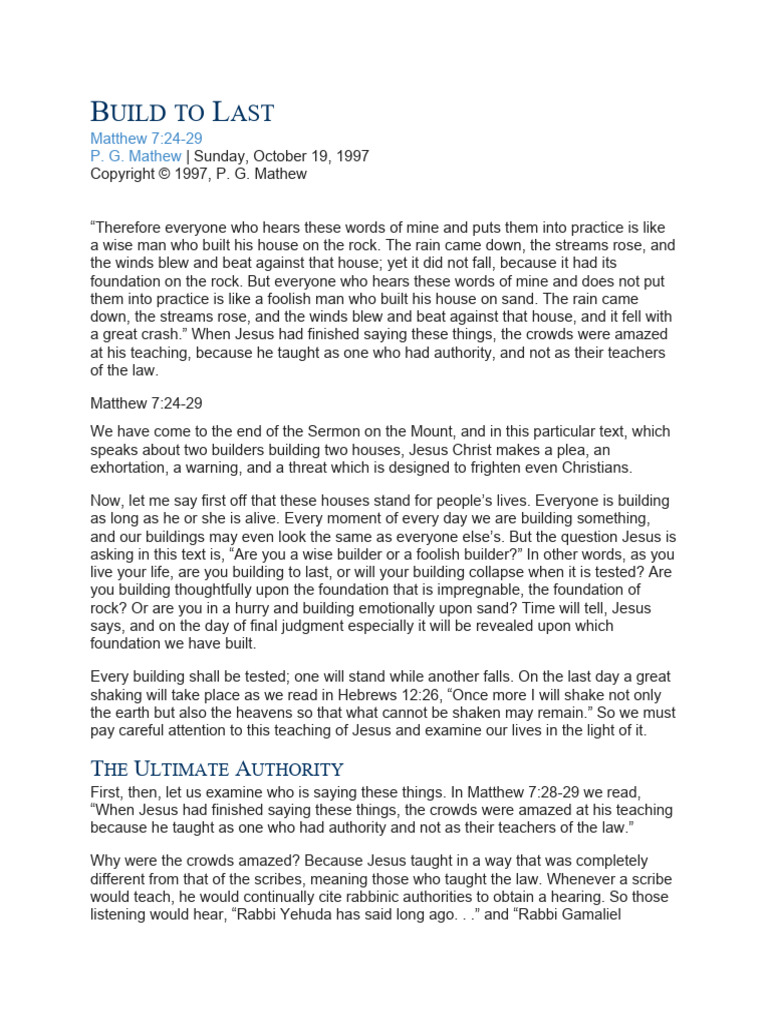 Build To Last | PDF | Jesus | Gospel Of Matthew